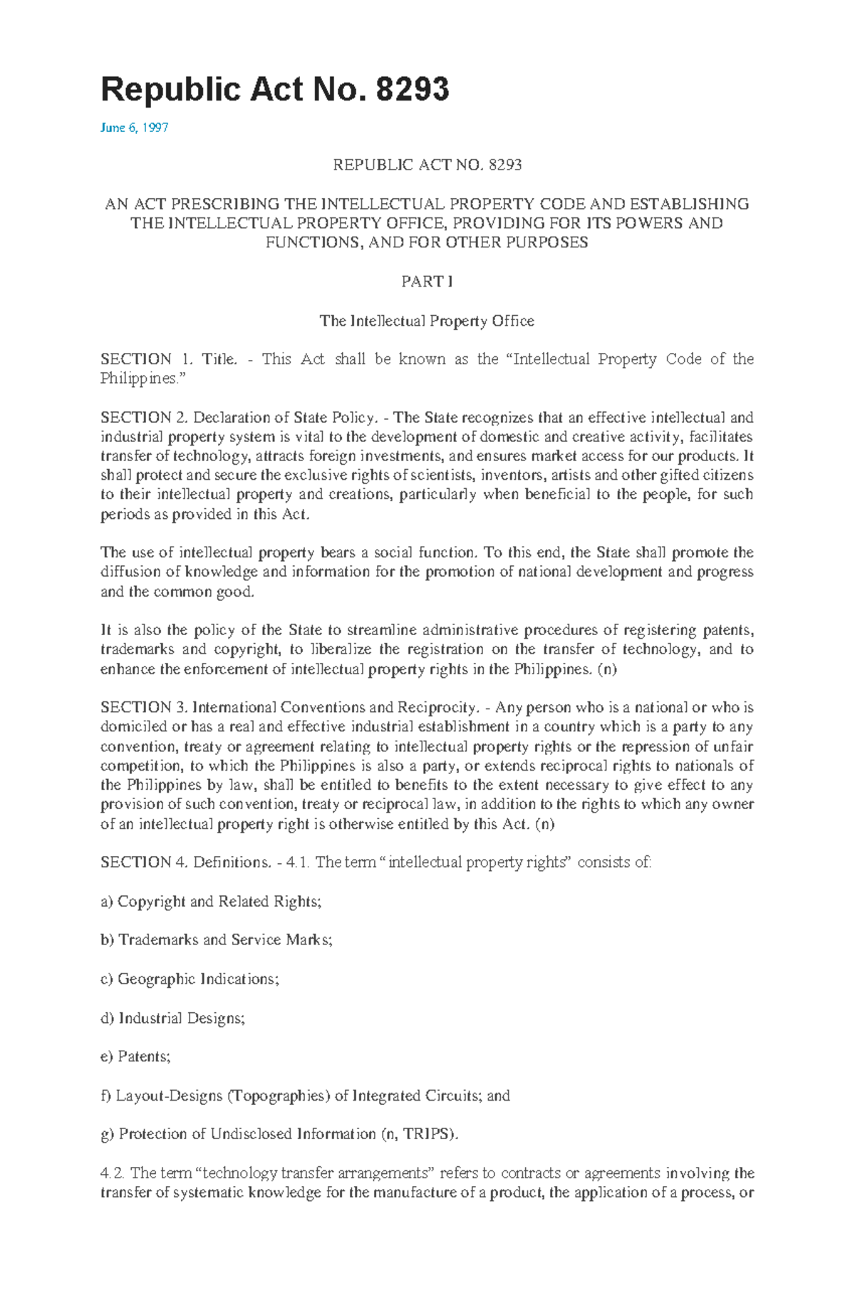 Republic Act No 8293 Intellectual Property Law 1 - Republic Act No ...