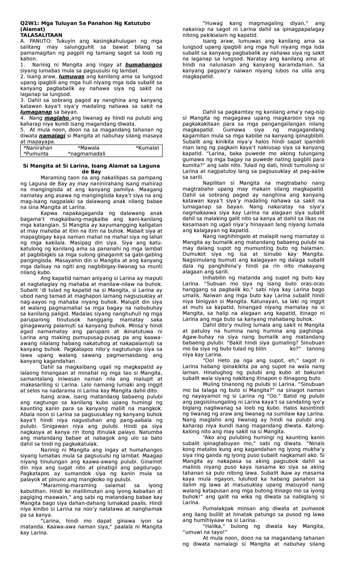 Q2W1: Alamat ng Magkapatid na Mangita at Larina - Studocu