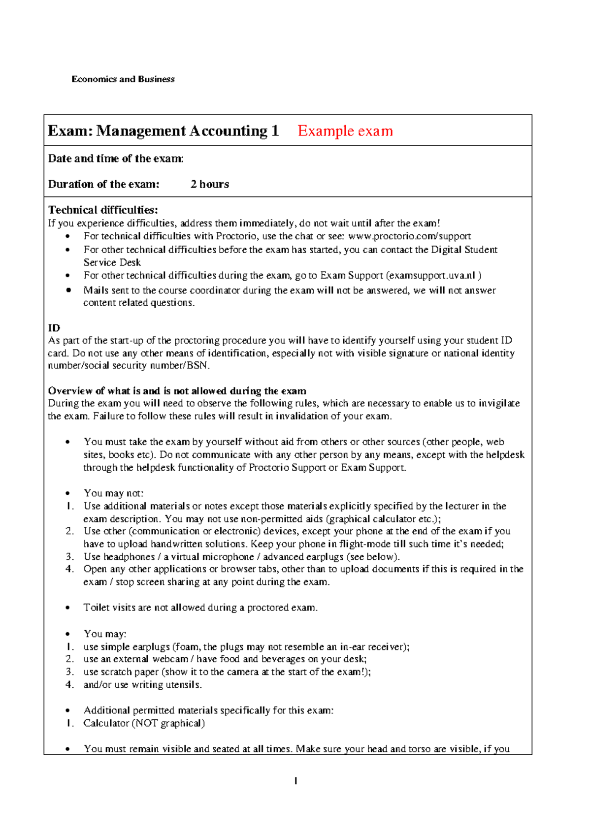 Example Exam MA 1: Management Accounting 1 Guidance 2020-21 - Studeersnel