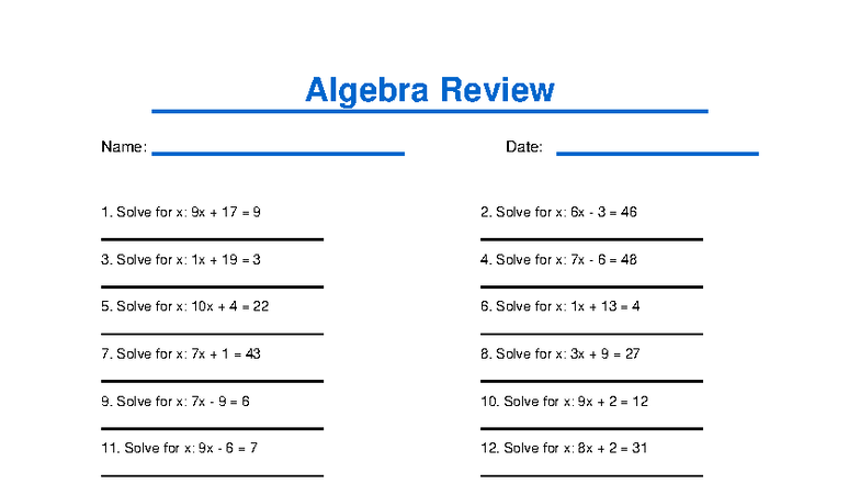 Algebra Review 4: Problem Solving for x and Word Problems - Studocu