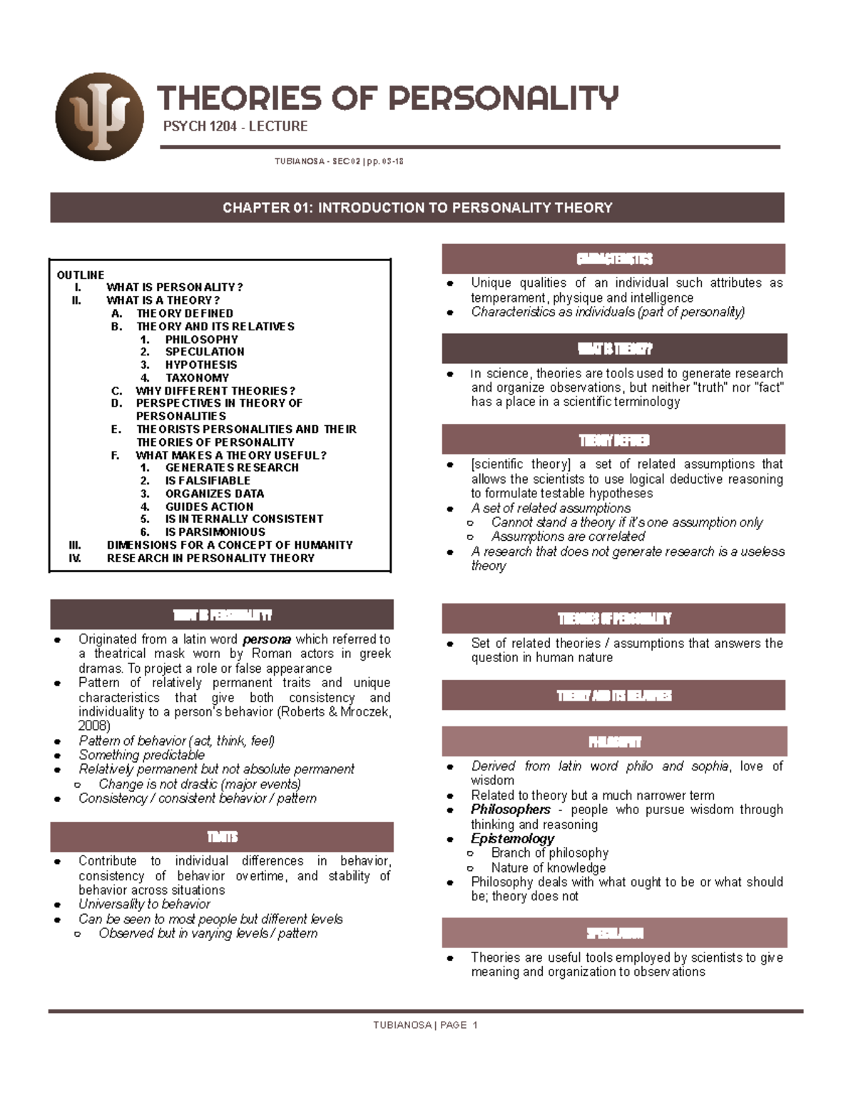 PSYCH 1204 - LECTURE NOTES ON PERSONALITY THEORIES - Studocu