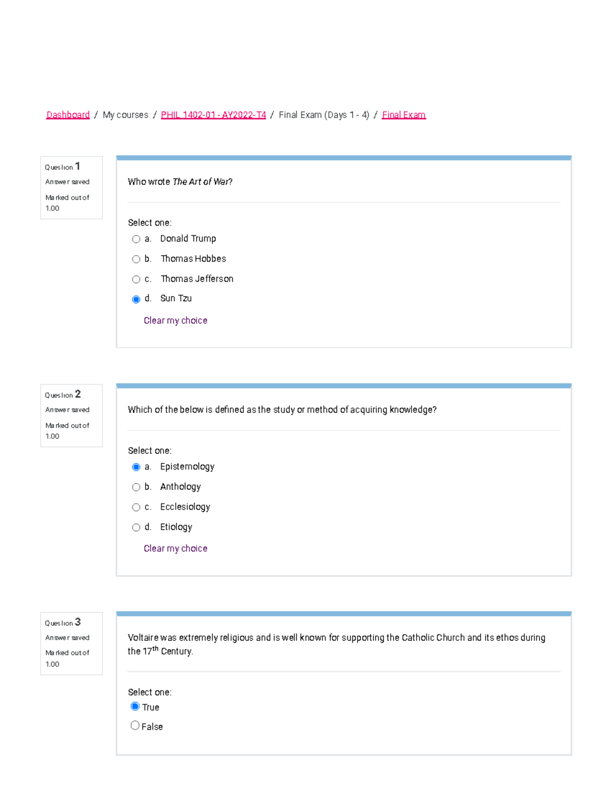 Final Exam (page 1 of 3) - Question 1 Answer saved Marked out of 1 ...
