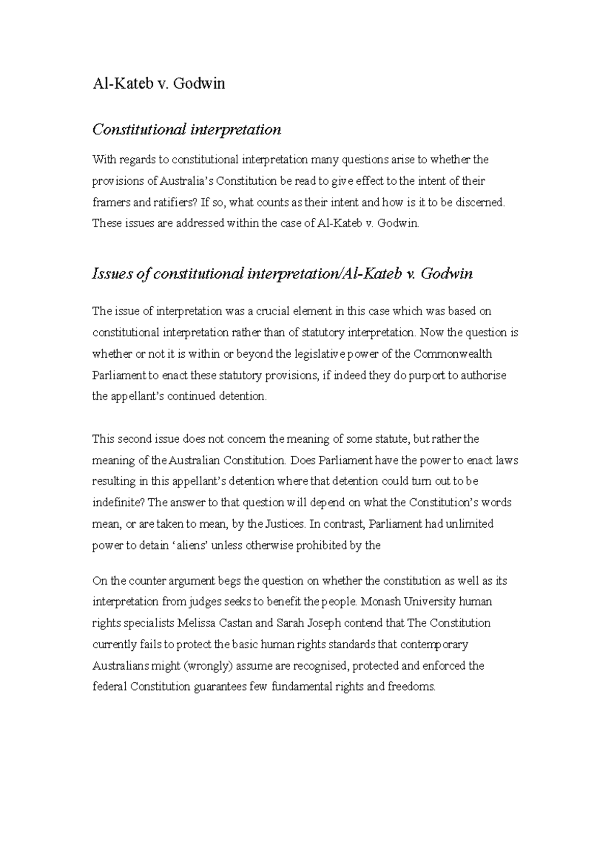 Constitutional Interpretation in Al-Kateb v. Godwin Case Study - Studocu