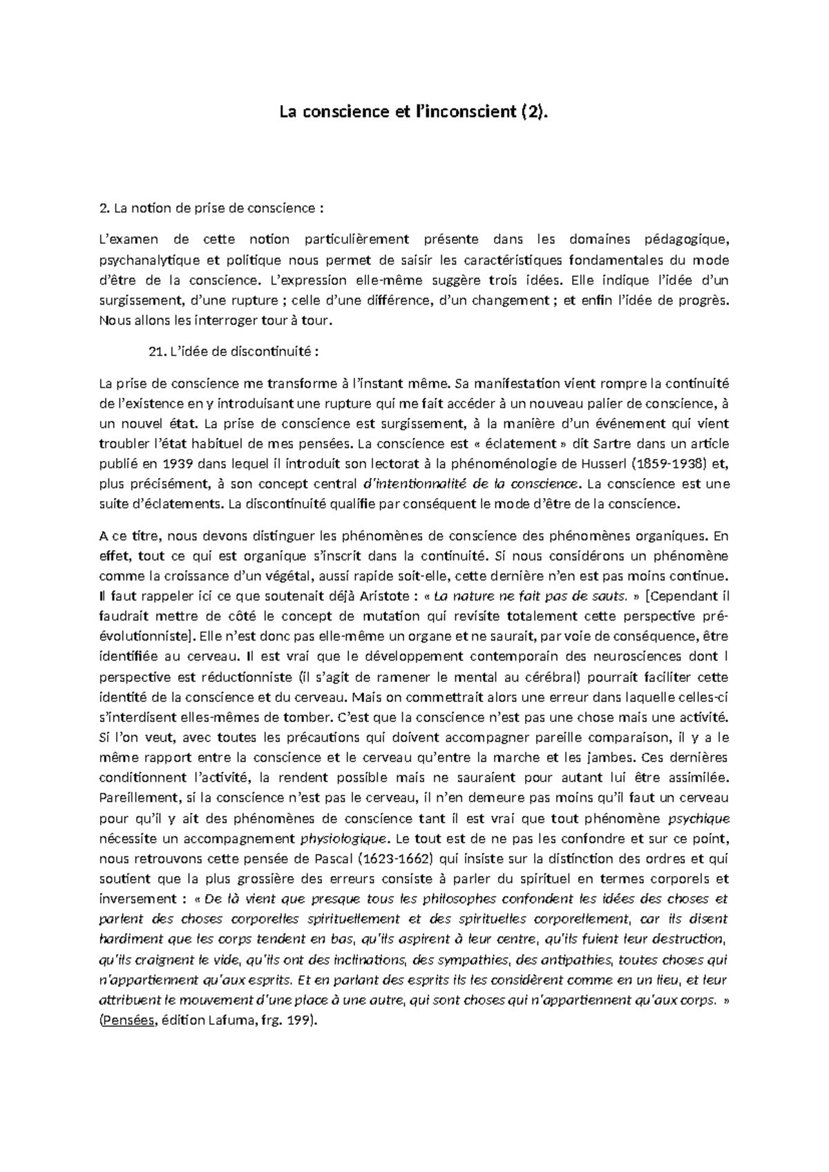 Cours conscience et inconscience - La conscience et l’inconscient (2 ...
