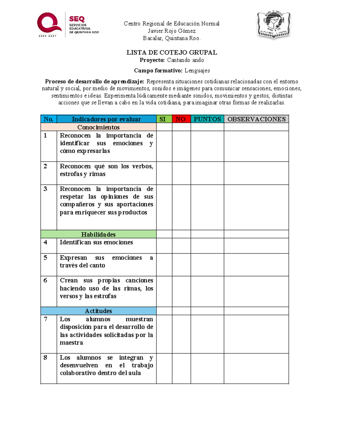 Instrumento de evaluación del proyecto "Cantando ando" segundo grado ...