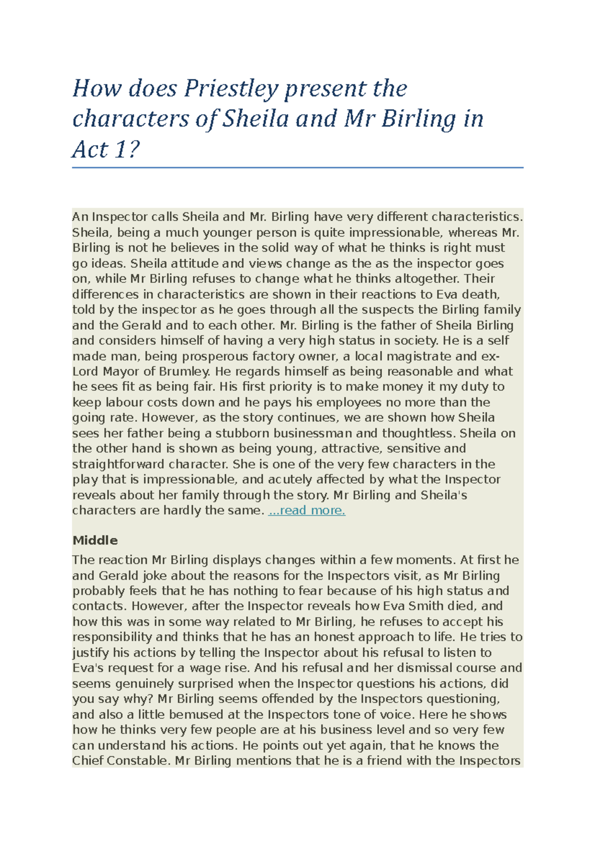 How does Priestley present the characters of Sheila and Mr Birling in ...