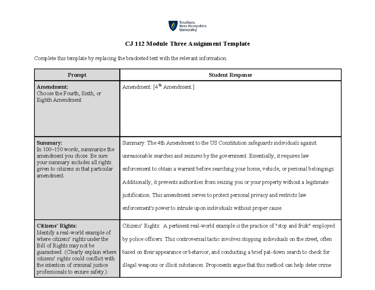 CJ 112 Module 3 Assignment: Analyzing the Fourth Amendment Rights - Studocu