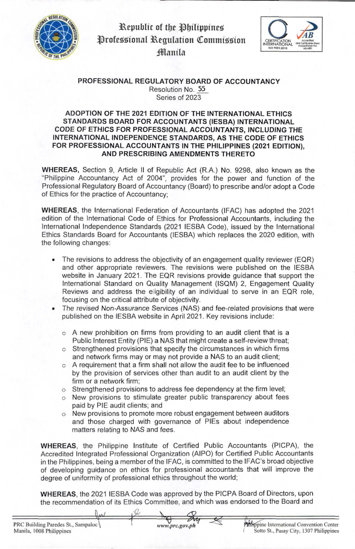 Adoption of the 2021 IESBA Code of Ethics for Accountants (RES55-2023 ...