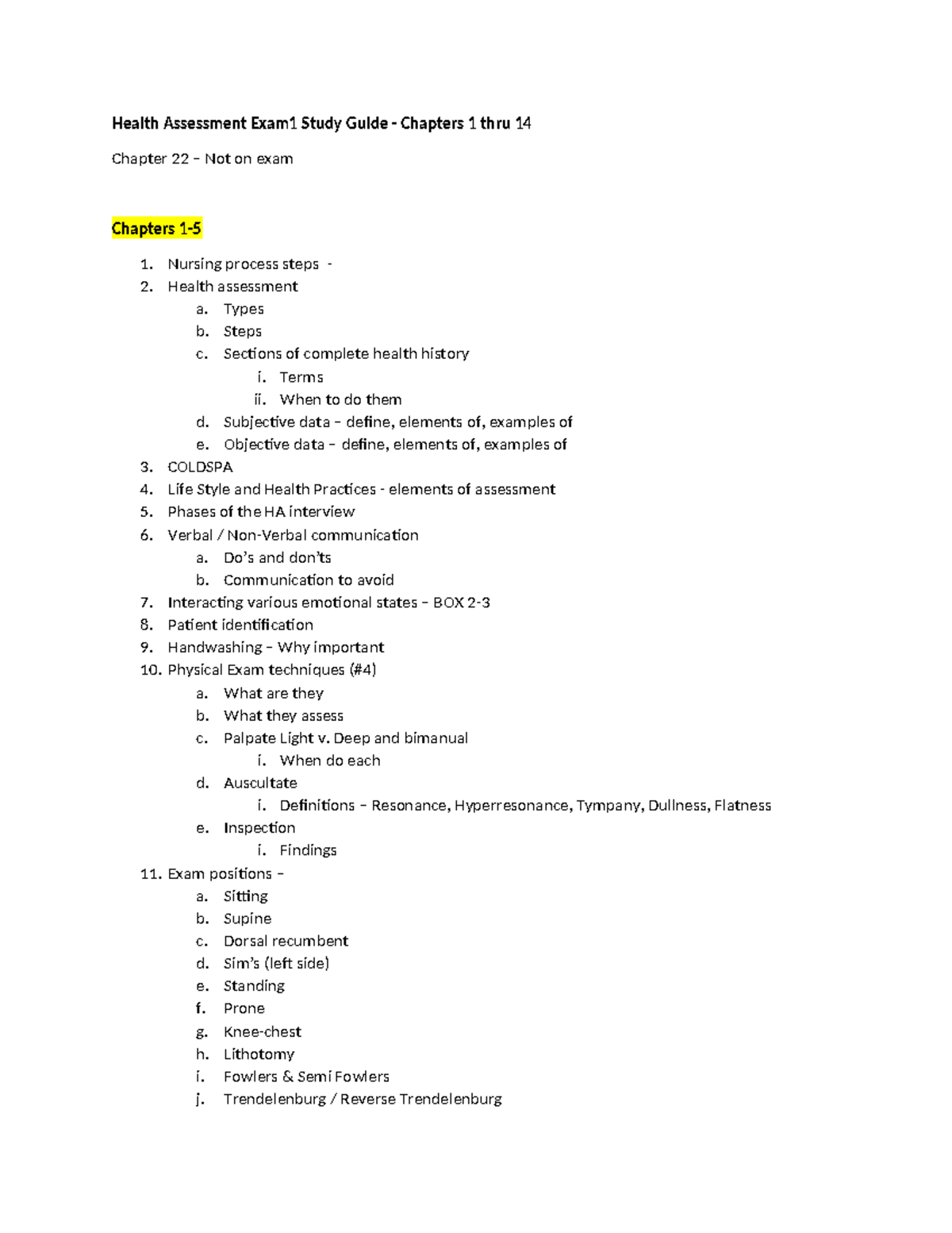 HA Exam 1 Study Guide: Health Assessment Chapters 1-14 (Spring 2023 ...