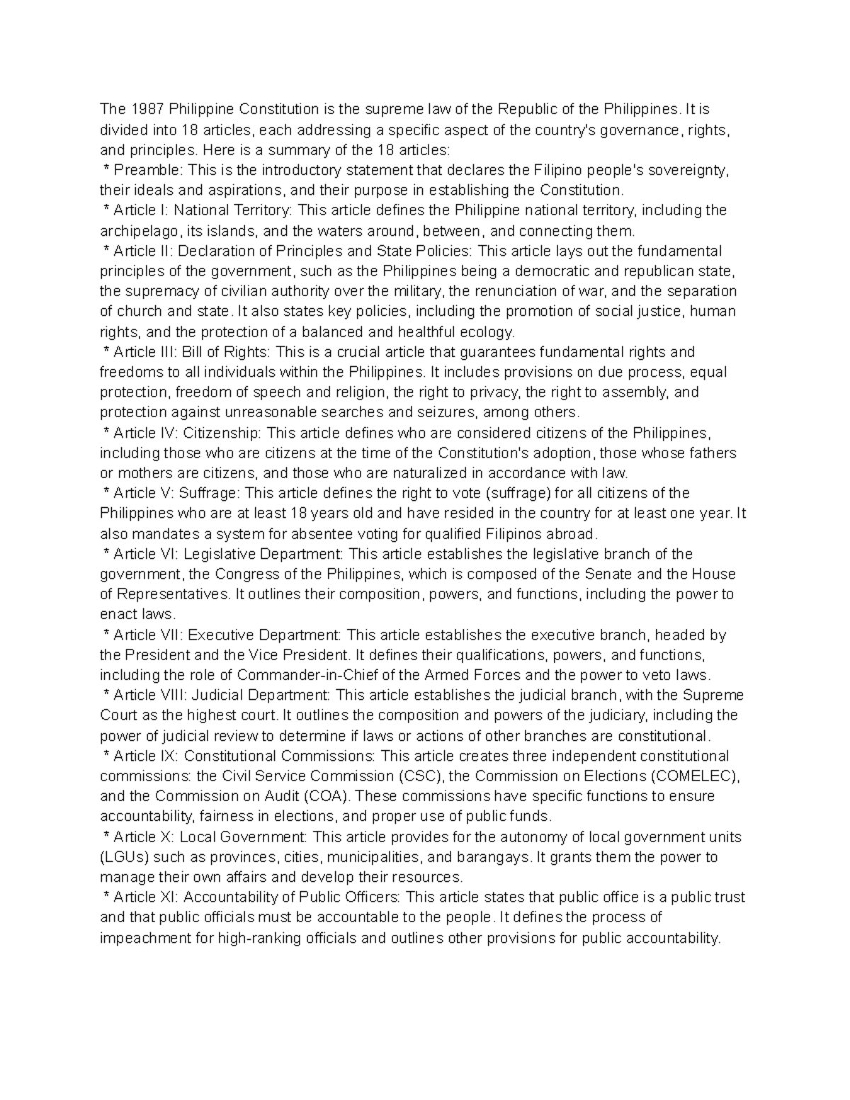 1987 Constitution Summary: Key Articles and Principles Explained - Studocu