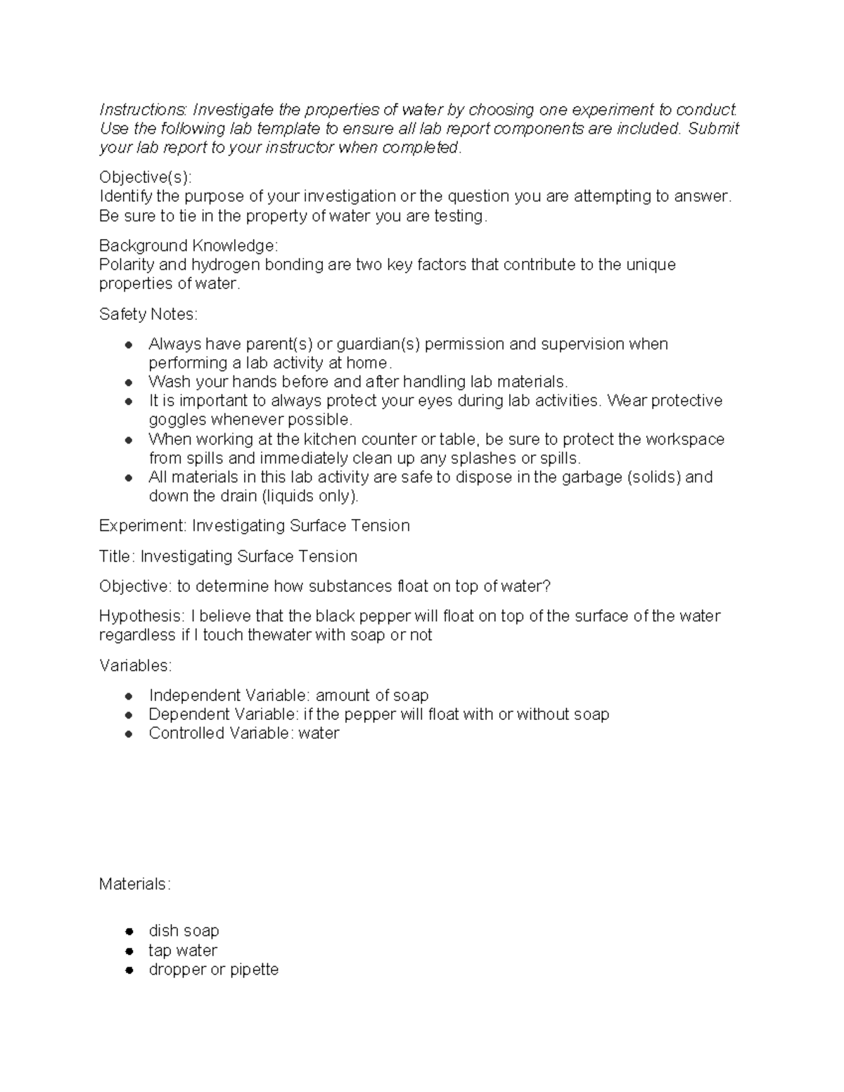 Properties of Water Lab Report: Investigating Surface Tension ...