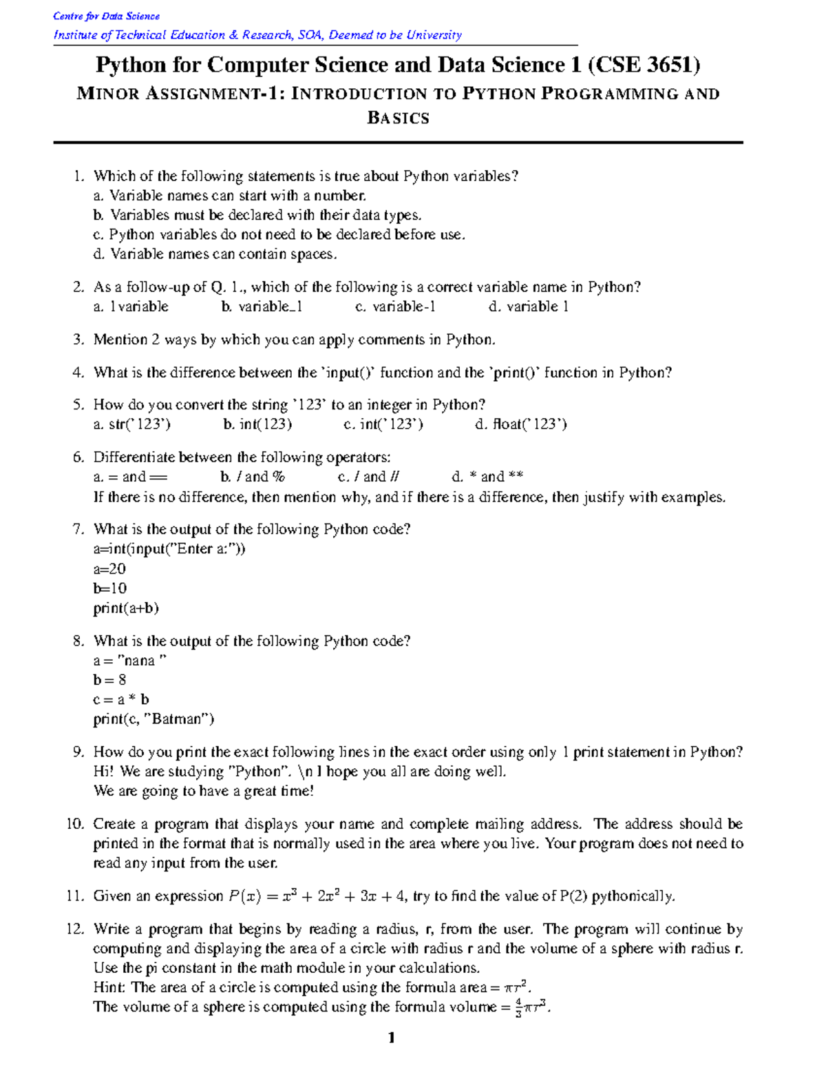 CSE 3651 Minor Assignment 1: Introduction to Python Programming - Studocu