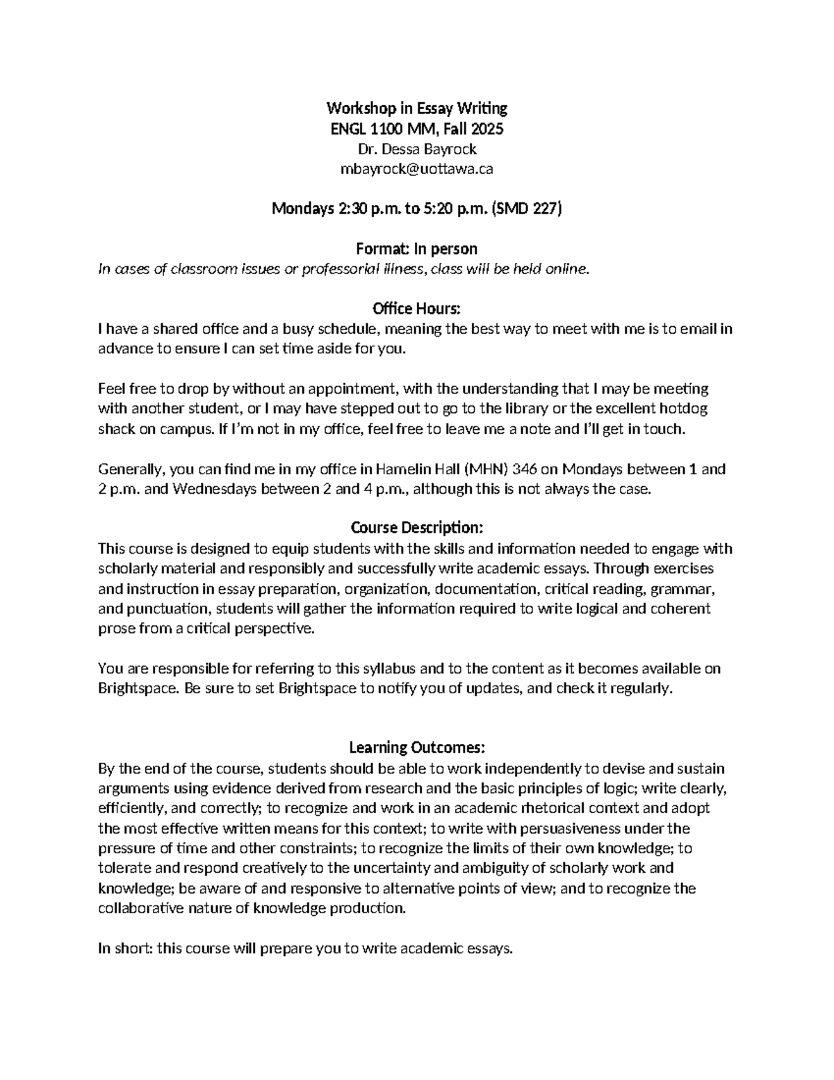 English 1100 MM: Syllabus for Essay Writing Workshop, Fall 2025 - Studocu
