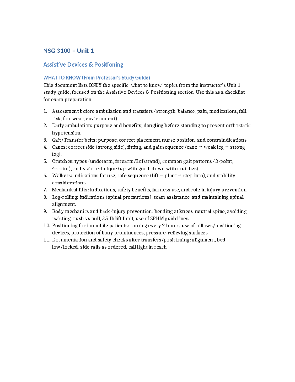 NSG 3100 Unit 1 Assistive Devices: Key Points & 50 Practice Qs - Studocu