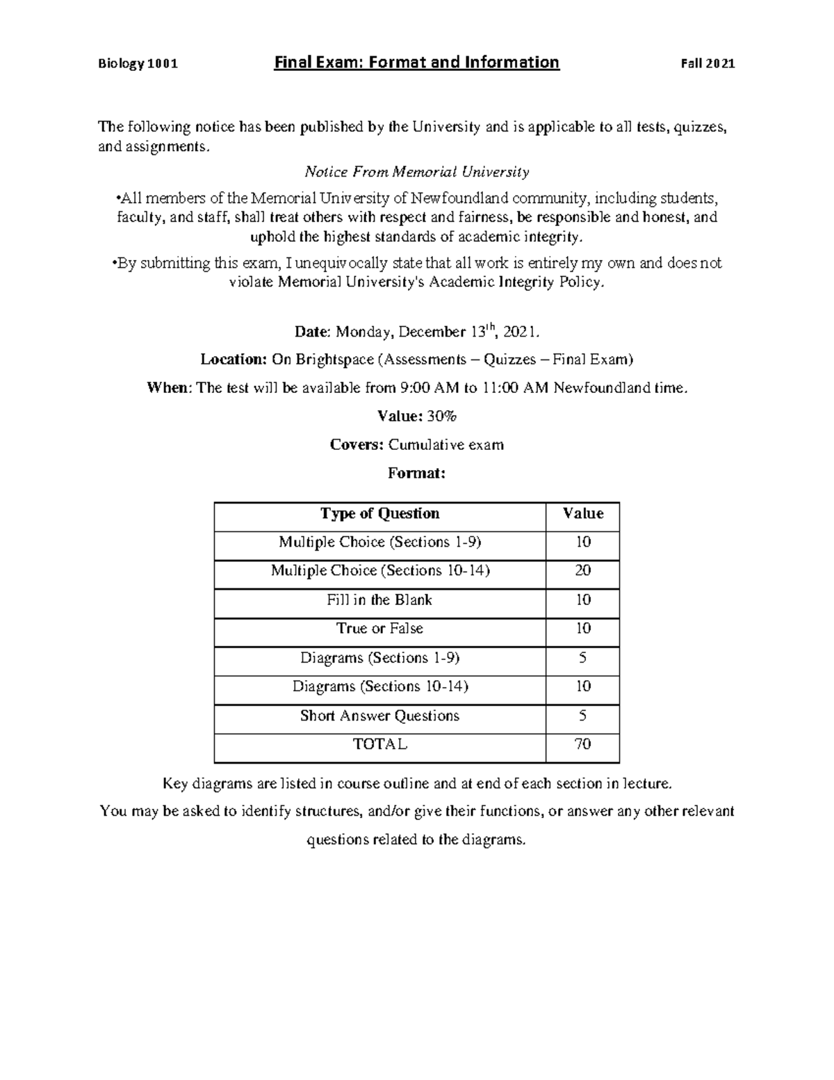 Biol1001 Final Exam Format F2021 - Biology 1001 Final Exam: Format and ...
