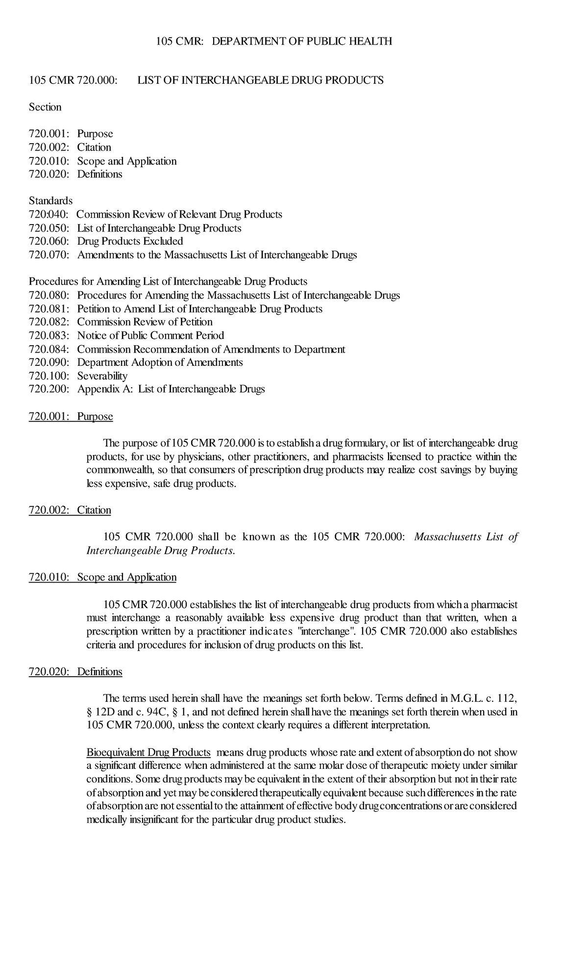 105 CMR 720: Massachusetts List of Interchangeable Drug Products ...