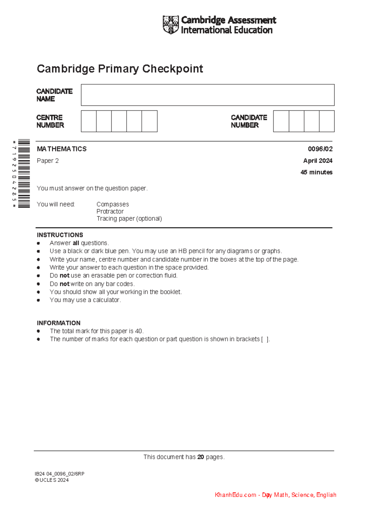 Cambridge Primary Checkpoint Mathematics Paper 2 (0845) - April 2024 ...