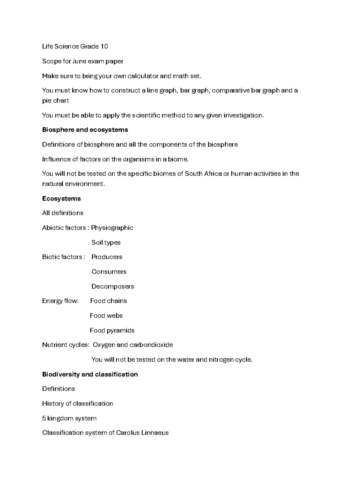 Life Science Grade 10 June Exam Scope & Key Topics Overview - Studocu