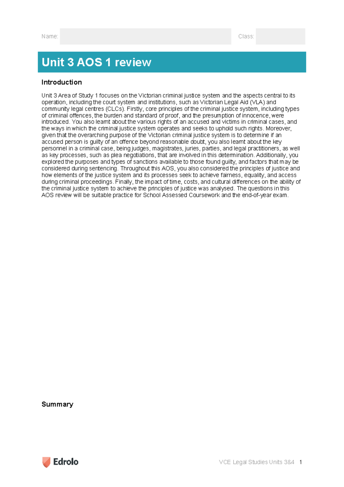 VCE Legal Studies - Unit 3 AOS 1 Criminal Justice System Review - Studocu
