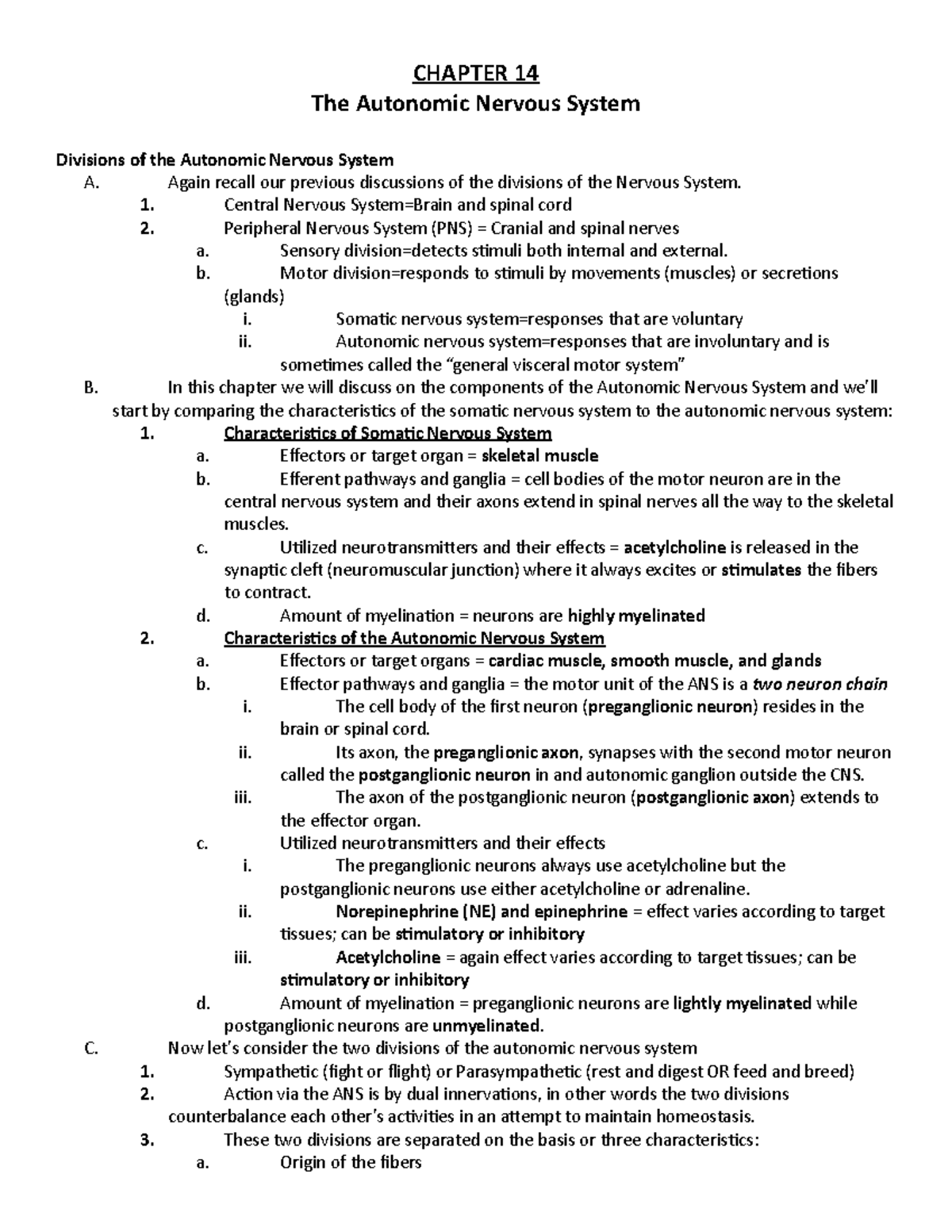 CH 14 Study Guide with questions update - CHAPTER 14 The Autonomic ...