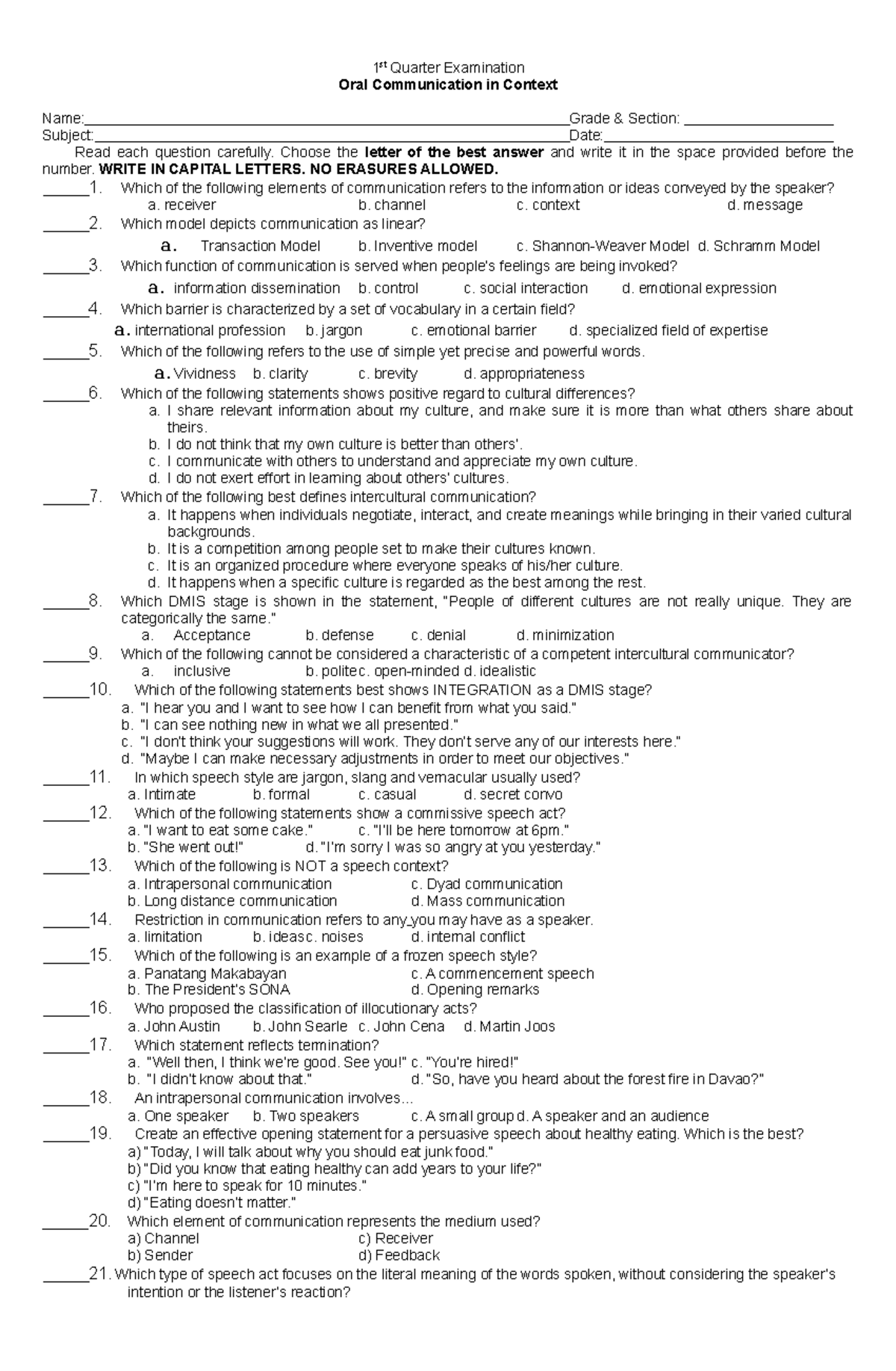 1st Quarter Exam in Oral Communication (OC 101) - Studocu