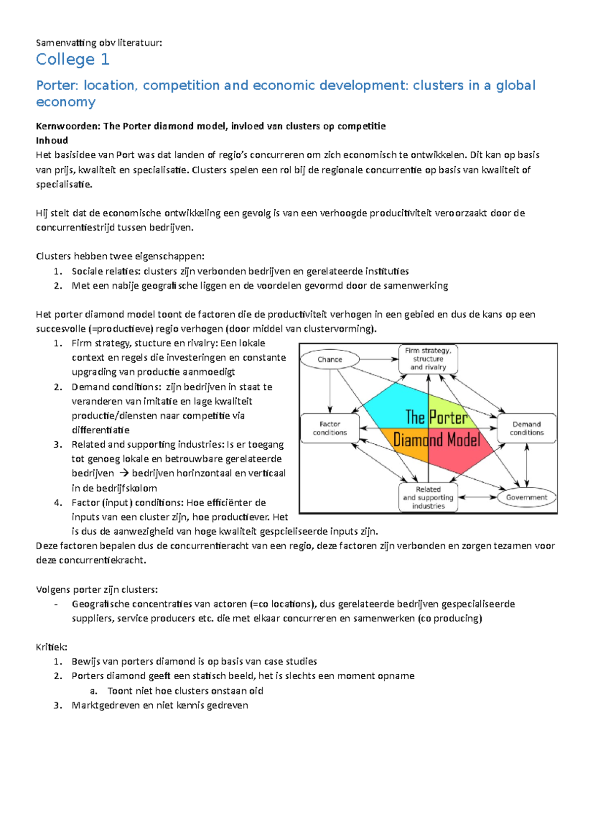 Samenvatting College 1 & 2: Clusters, Concurrentie en Innovatie in ...