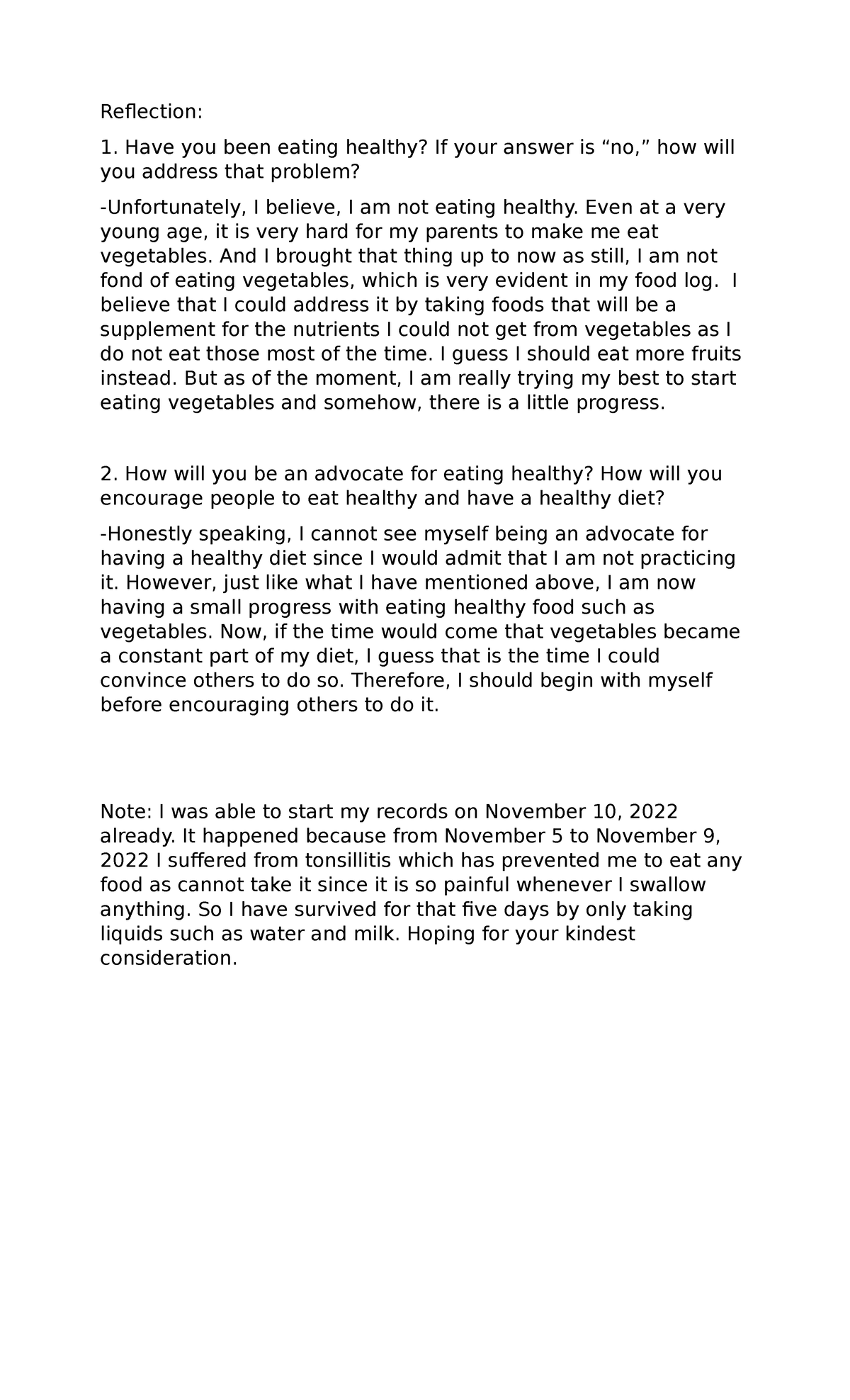 Food Log Reflections - PATHFIT: Healthy Eating Journey - Studocu