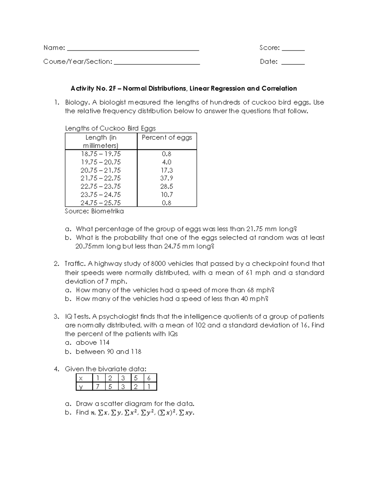 Activity No. 2F: Normal Distributions & Linear Regression Analysis ...