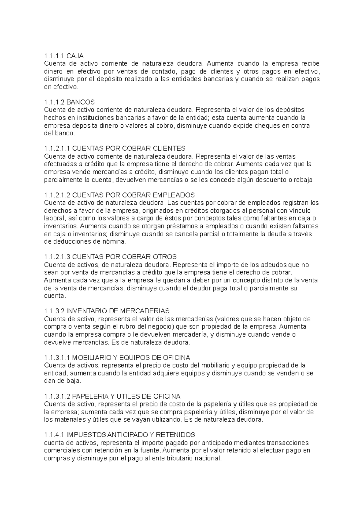 Catálogo de Cuentas Contables y su Naturaleza Deudora/Acreedora - Studocu
