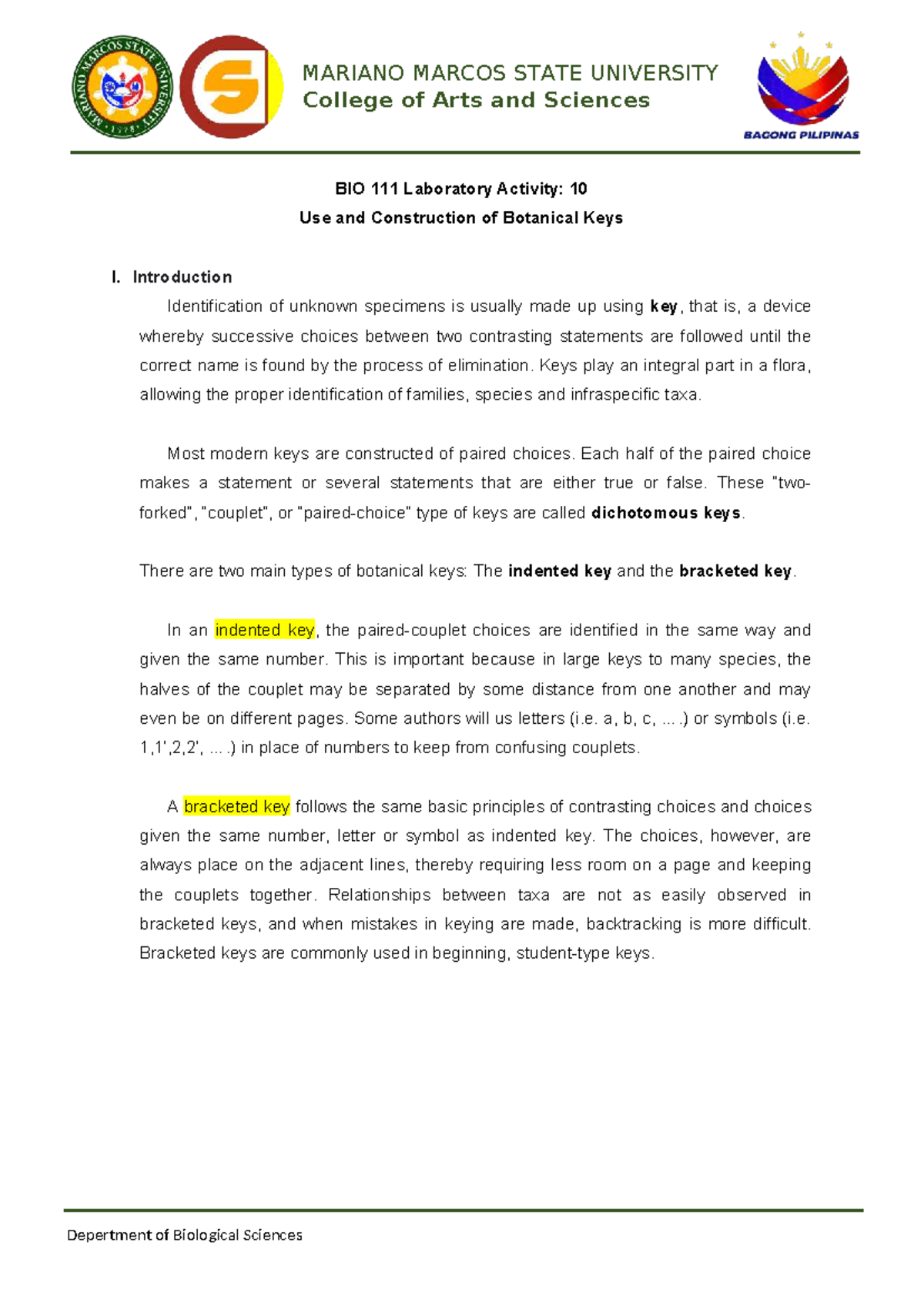 BIO 111 LAB Activity 10: Use & Construction of Botanical Keys - Studocu