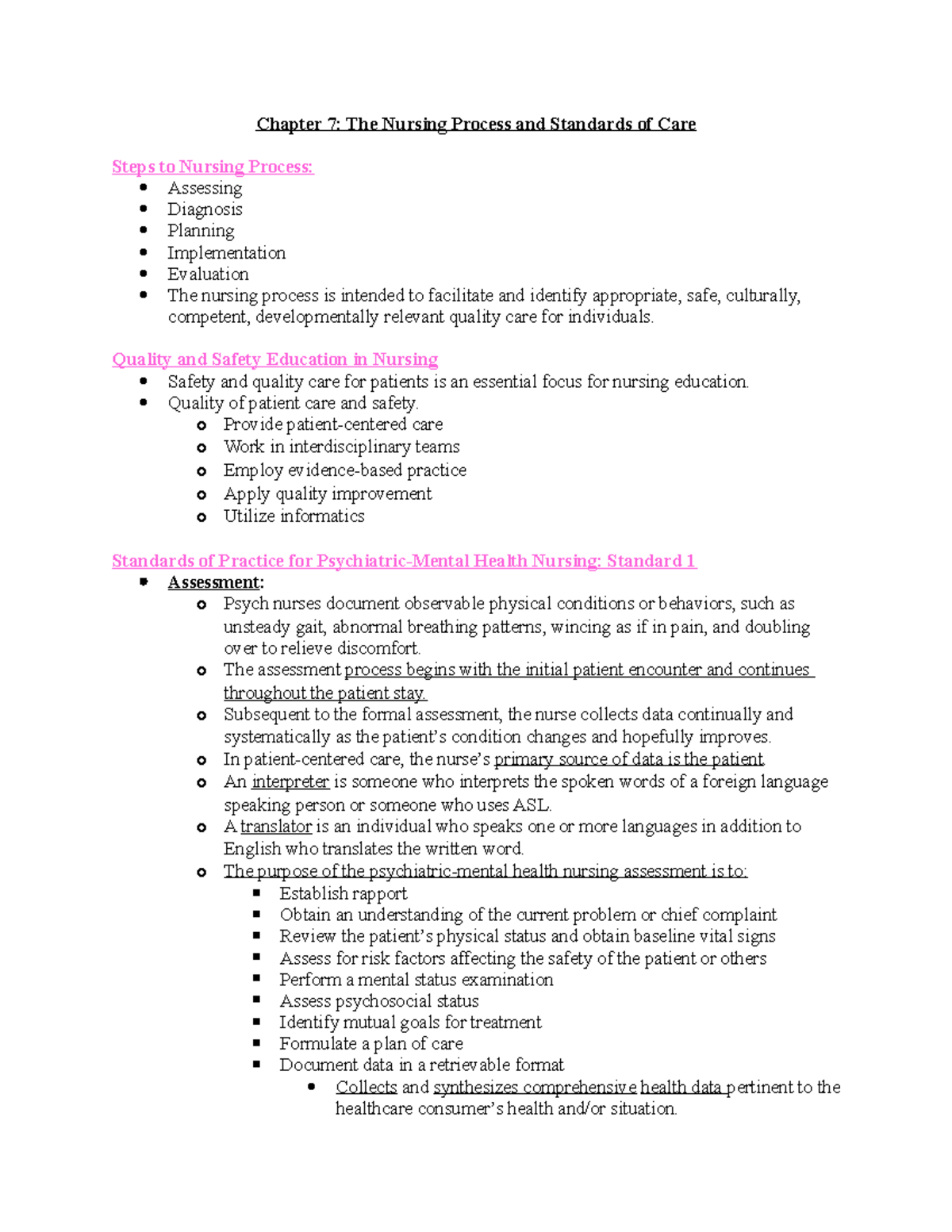 Chapter 7 Nursing Process & Standards of Care Notes - Studocu