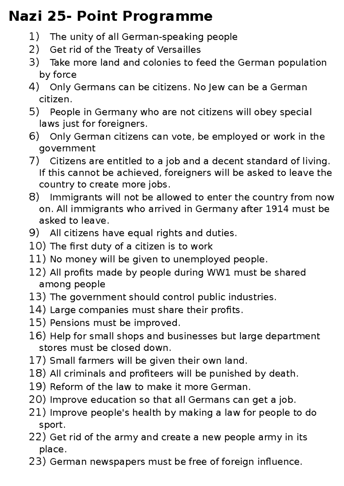 Nazi 25 Point Programme: Key Policies and Ideologies Explained - Studocu