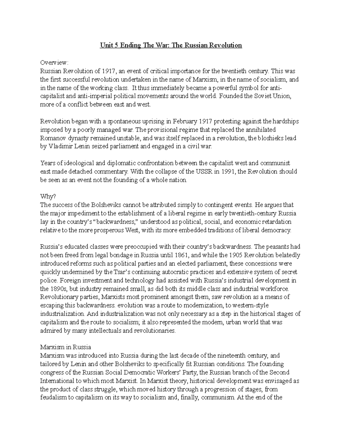 Unit 5-The Russian Revolution - Unit 5 Ending The War: The Russian ...