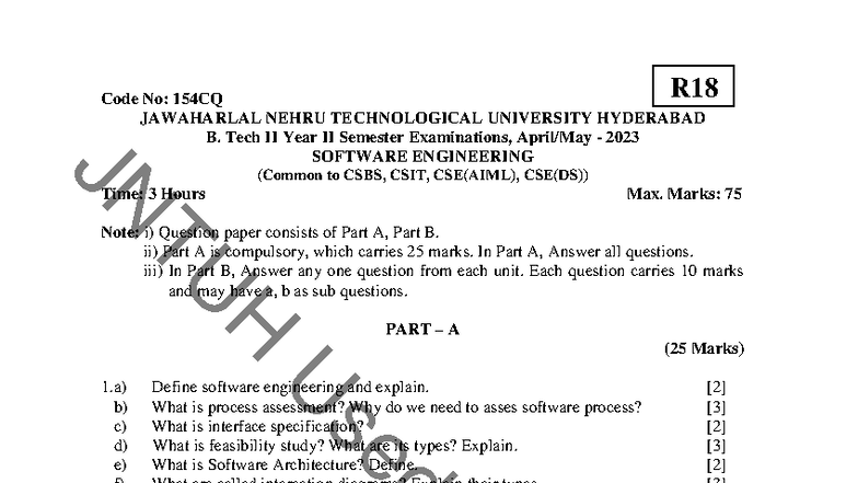 R18 154CQ B.Tech II Year II Sem 2023 Software Engineering Exam Paper ...