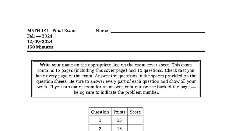 MATH 141: Fall 2024 Final Exam - Comprehensive Review and Questions ...