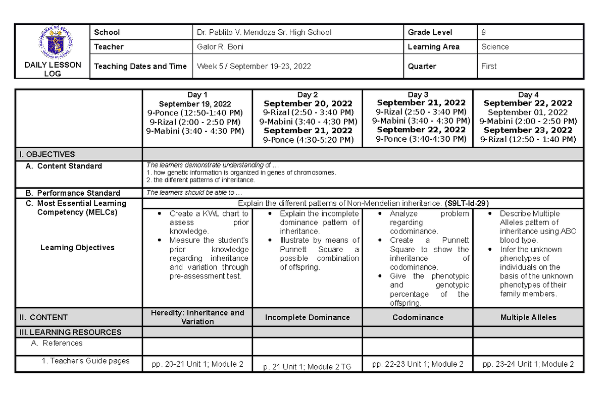 Science 9 DLL Week 5 Lesson Plan on Non-Mendelian Inheritance - Studocu