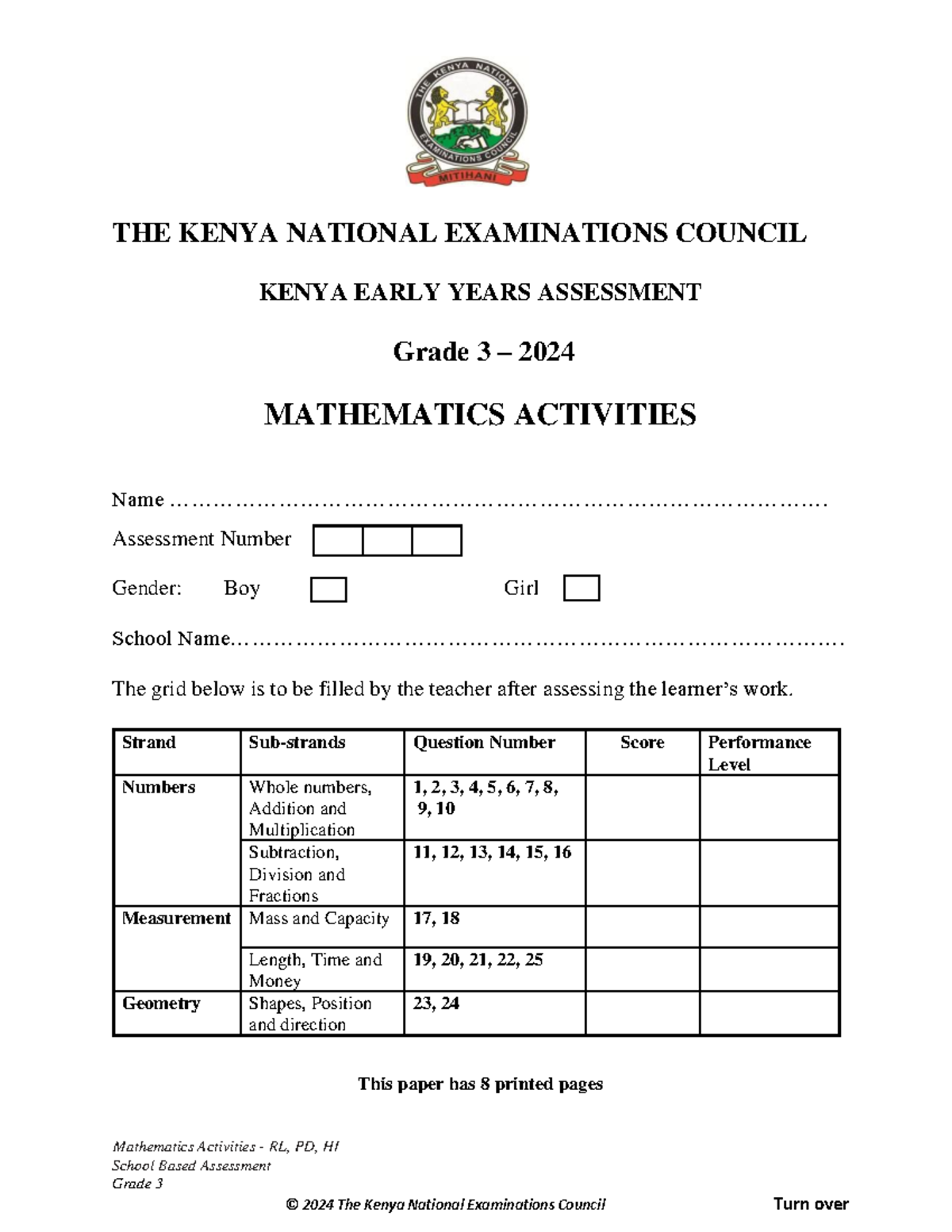 Grade 3 Mathematics Activities Assessment 2024 - MAT 1 - Studocu