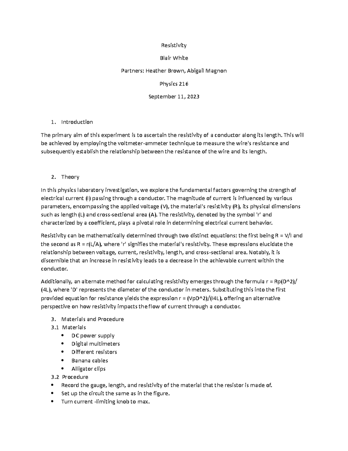 Physics 216 Lab #2: Determining Resistivity of Conductors - Studocu