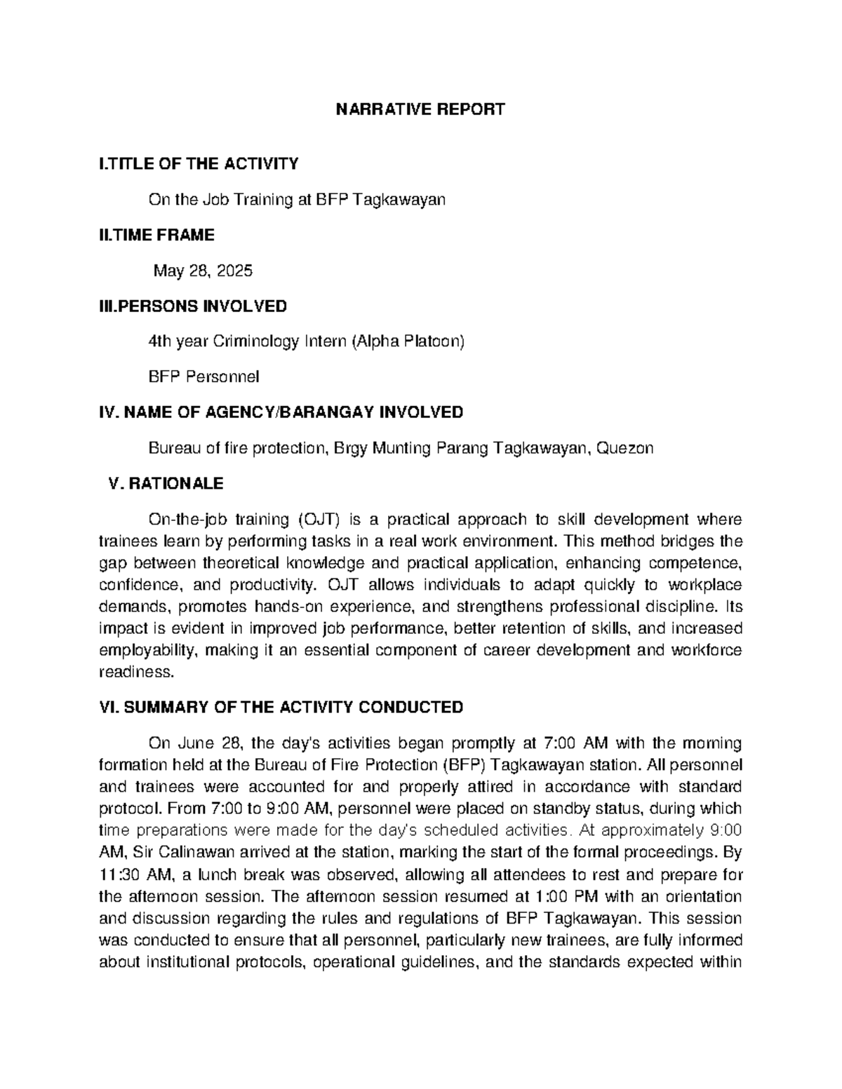 Narrative Report: OJT at BFP Tagkawayan (Criminology Interns) - Studocu