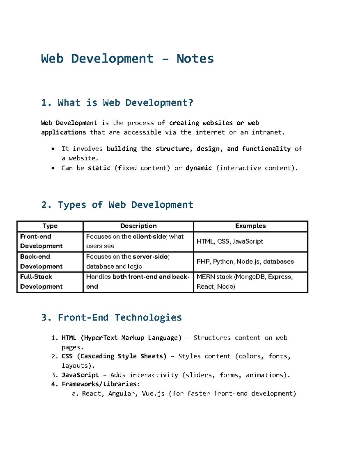 Web Development Notes: Overview, Types, and Technologies - Studocu