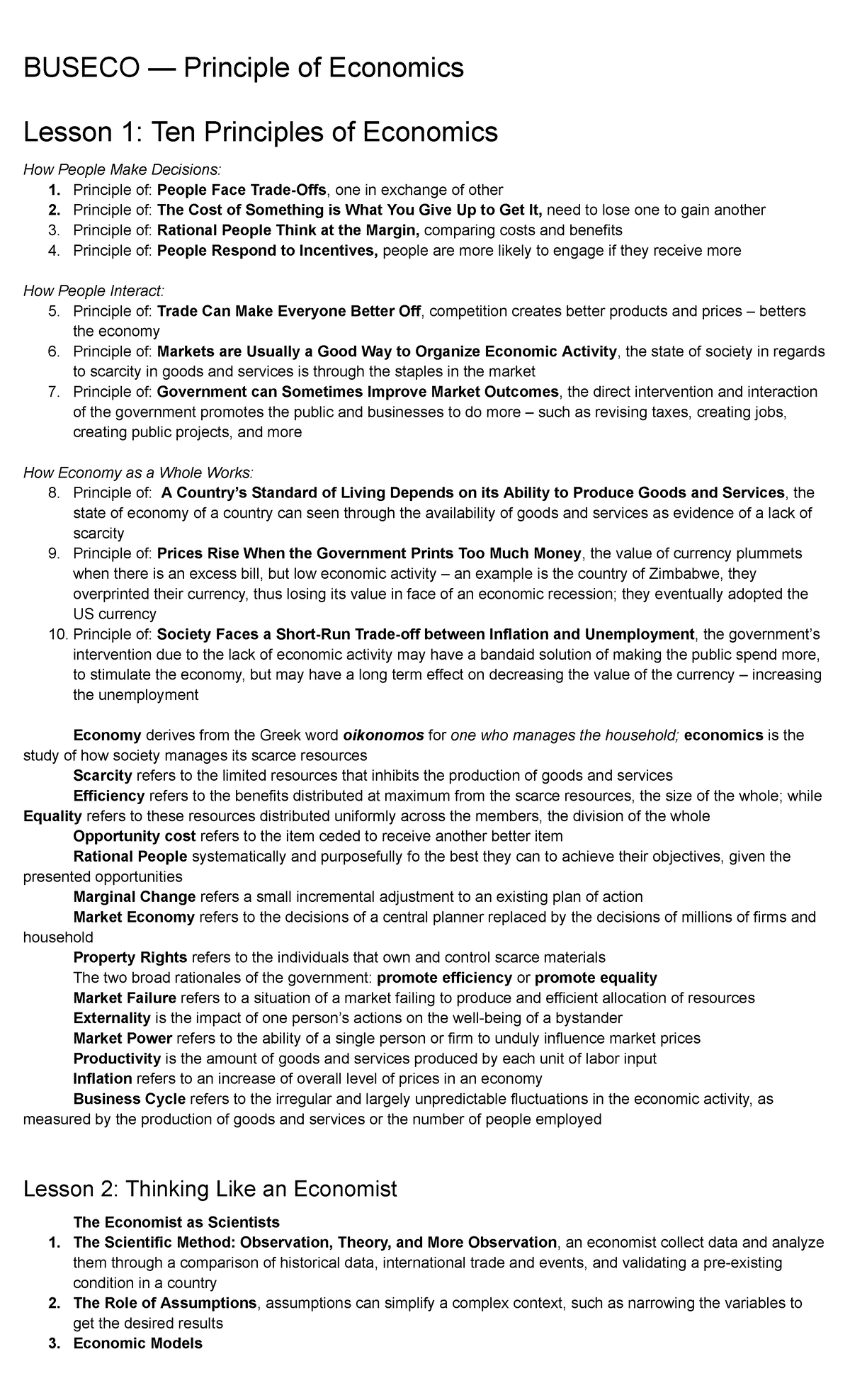 BUSECO Principle of Economics Lesson 1: Key Concepts and Insights - Studocu