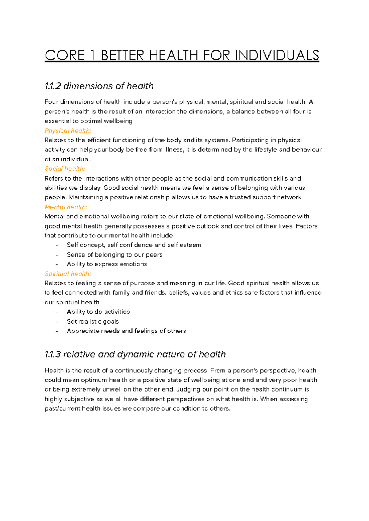 Pdhpe Notes - CORE 1 BETTER HEALTH FOR INDIVIDUALS 1.1 dimensions of ...