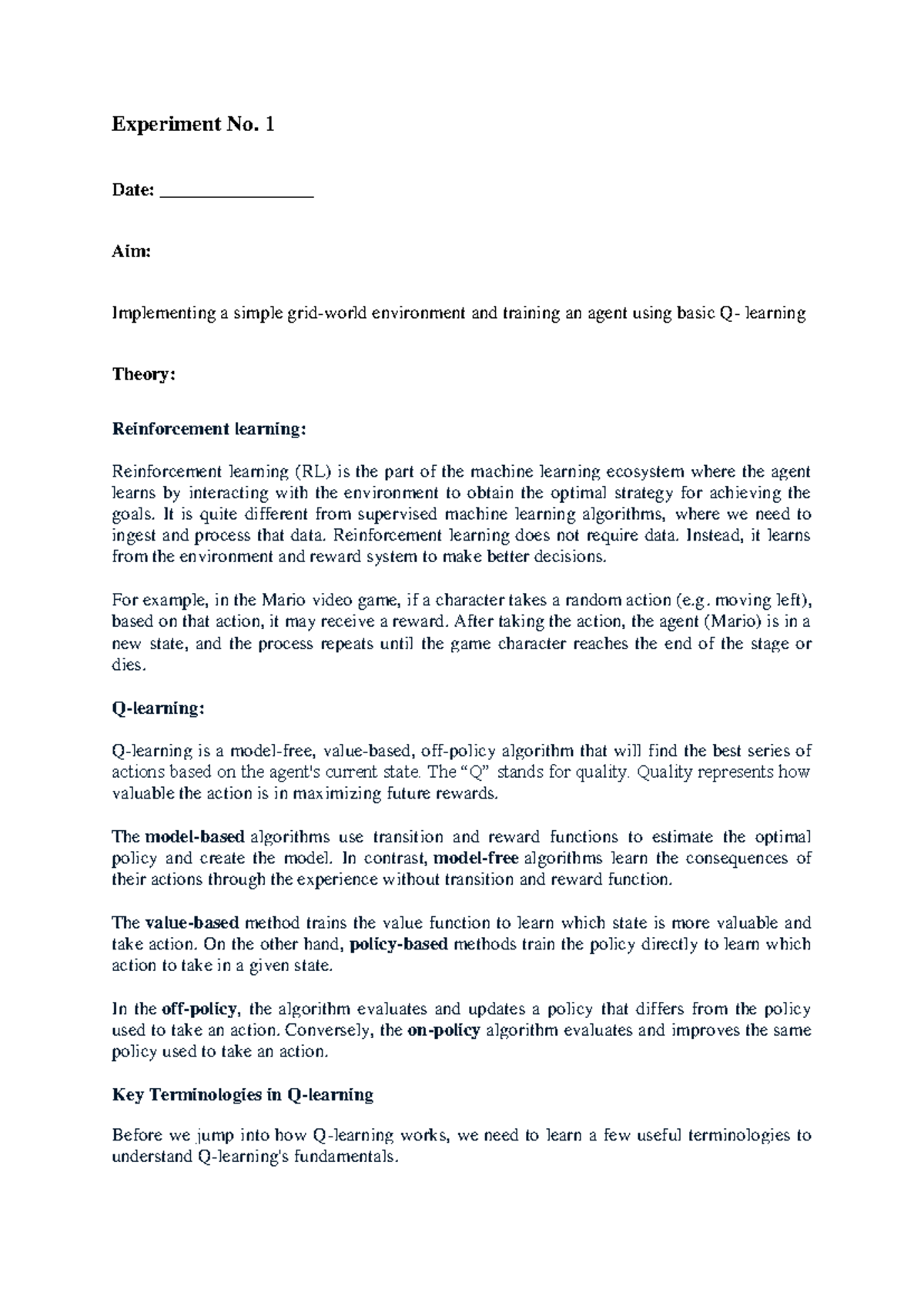 Experiment No. 1: Implementing a simple environment for reinforcement ...