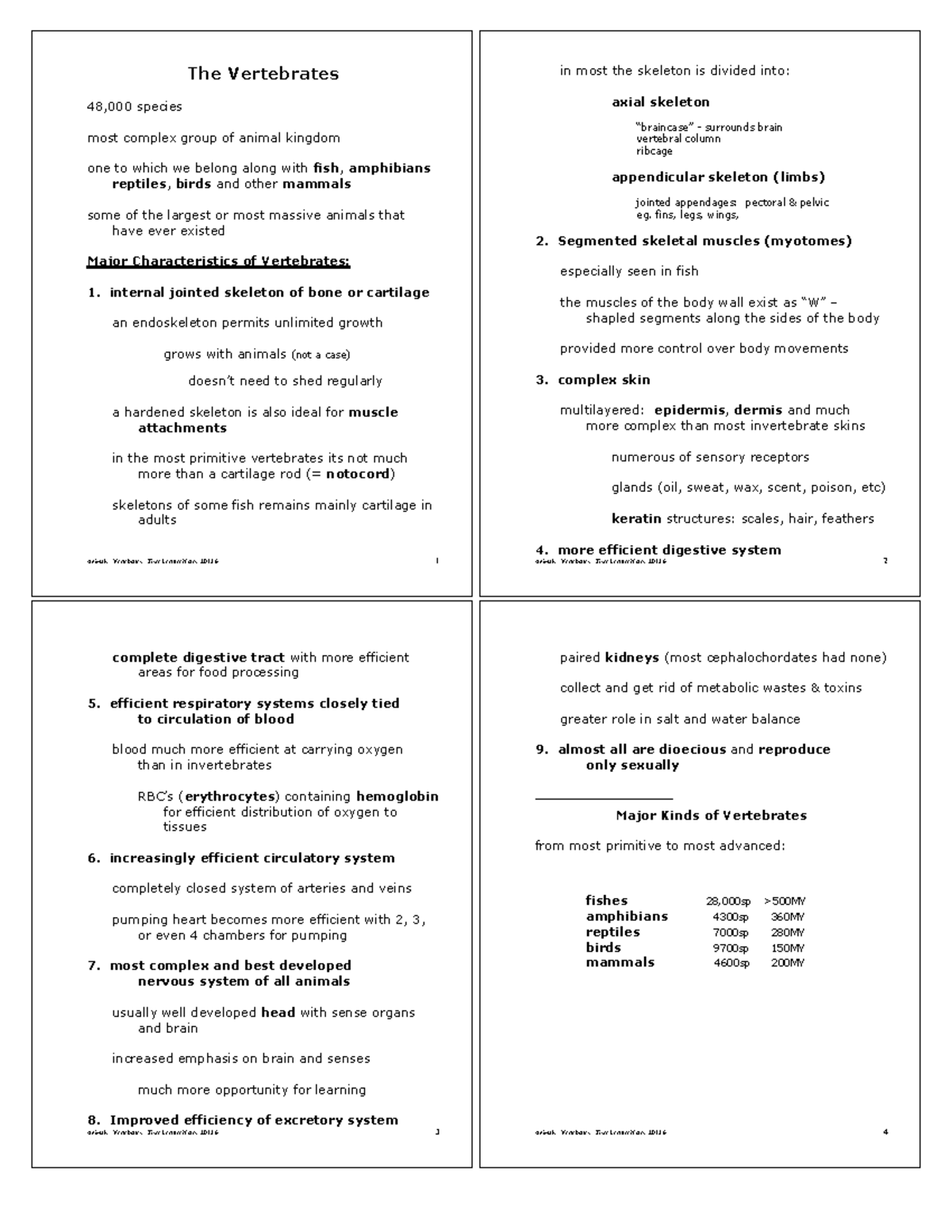 Vertebrate Zoology (Ziser, Lecture Notes) - Chapter 34 MCQs & Key ...