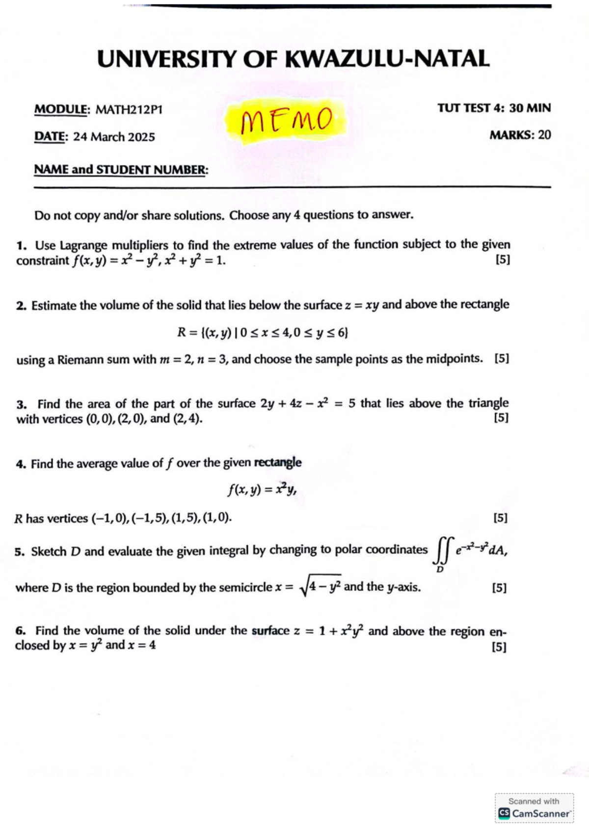 MATH212P1 Tutorial Test 4 Memo: Calculus Solutions and Insights - Studocu