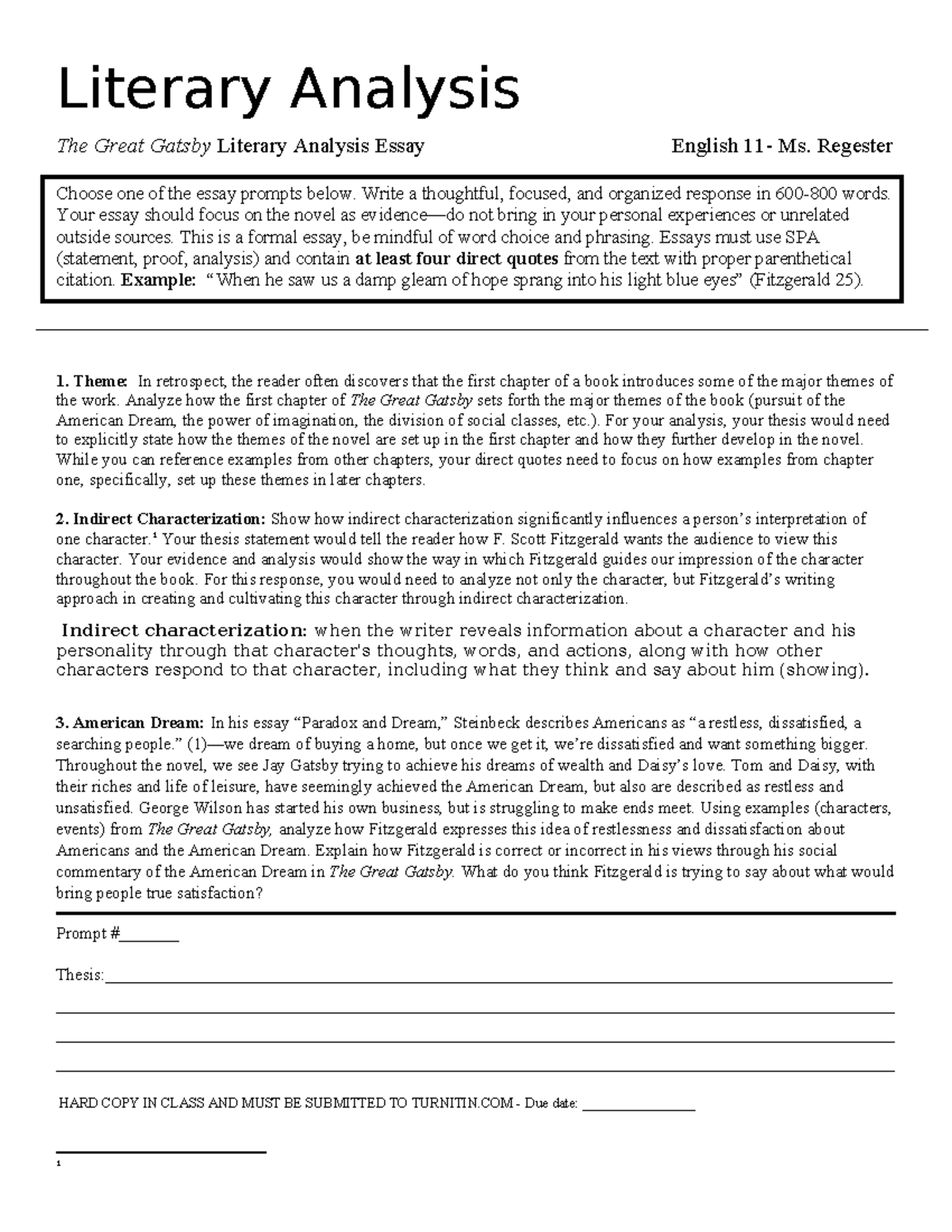 Literary Analysis Essay: The Great Gatsby (ENG 18) - Studocu