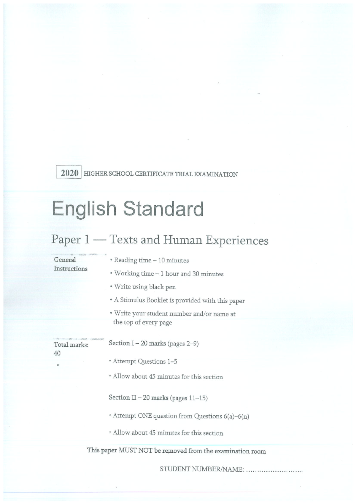 2020 HSC Trial Exam: English Std Paper 1 - Texts & Human Experiences ...