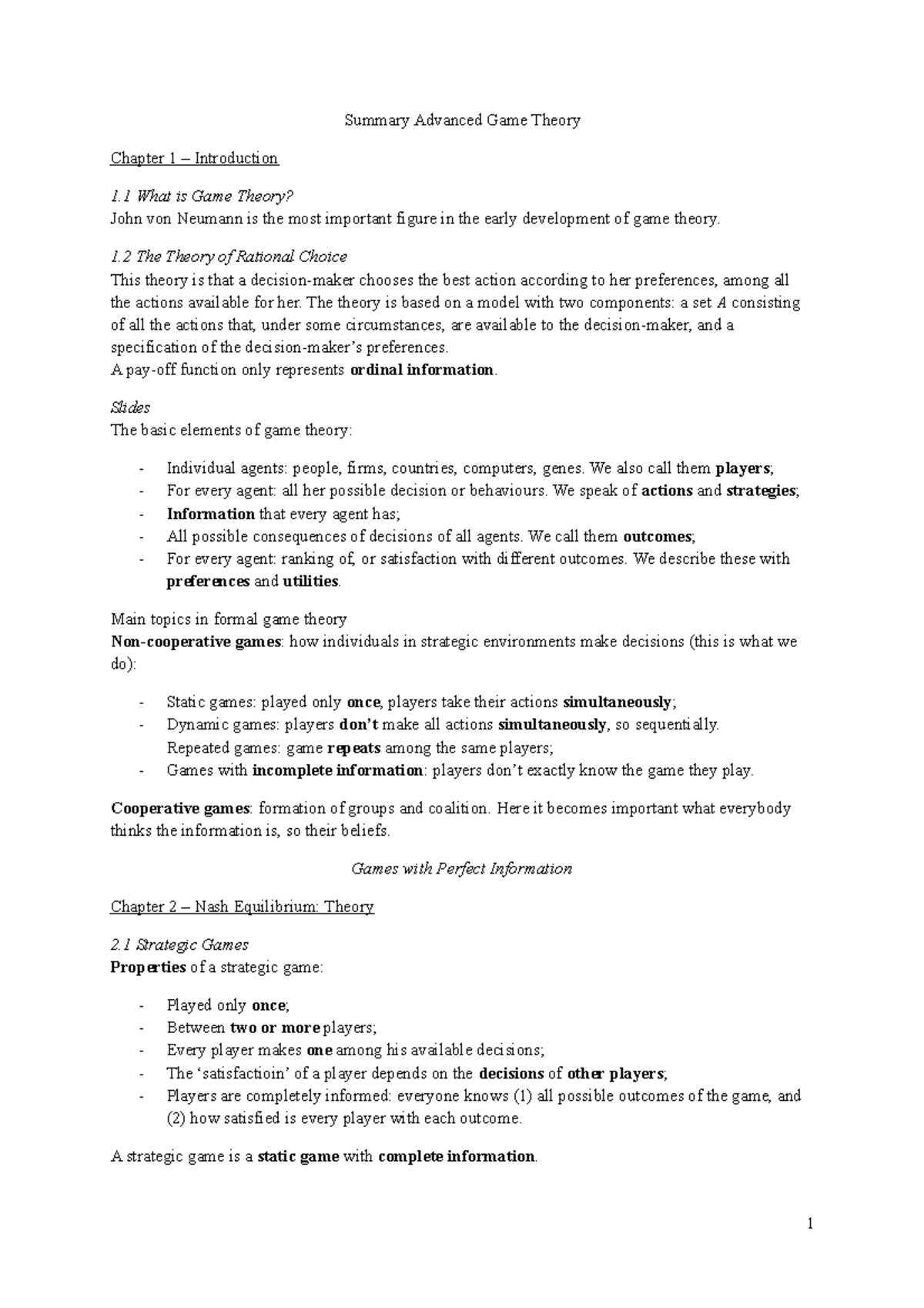 Advanced Game Theory - Summary of Chapters 1 & 2 (AGT101) - Studeersnel