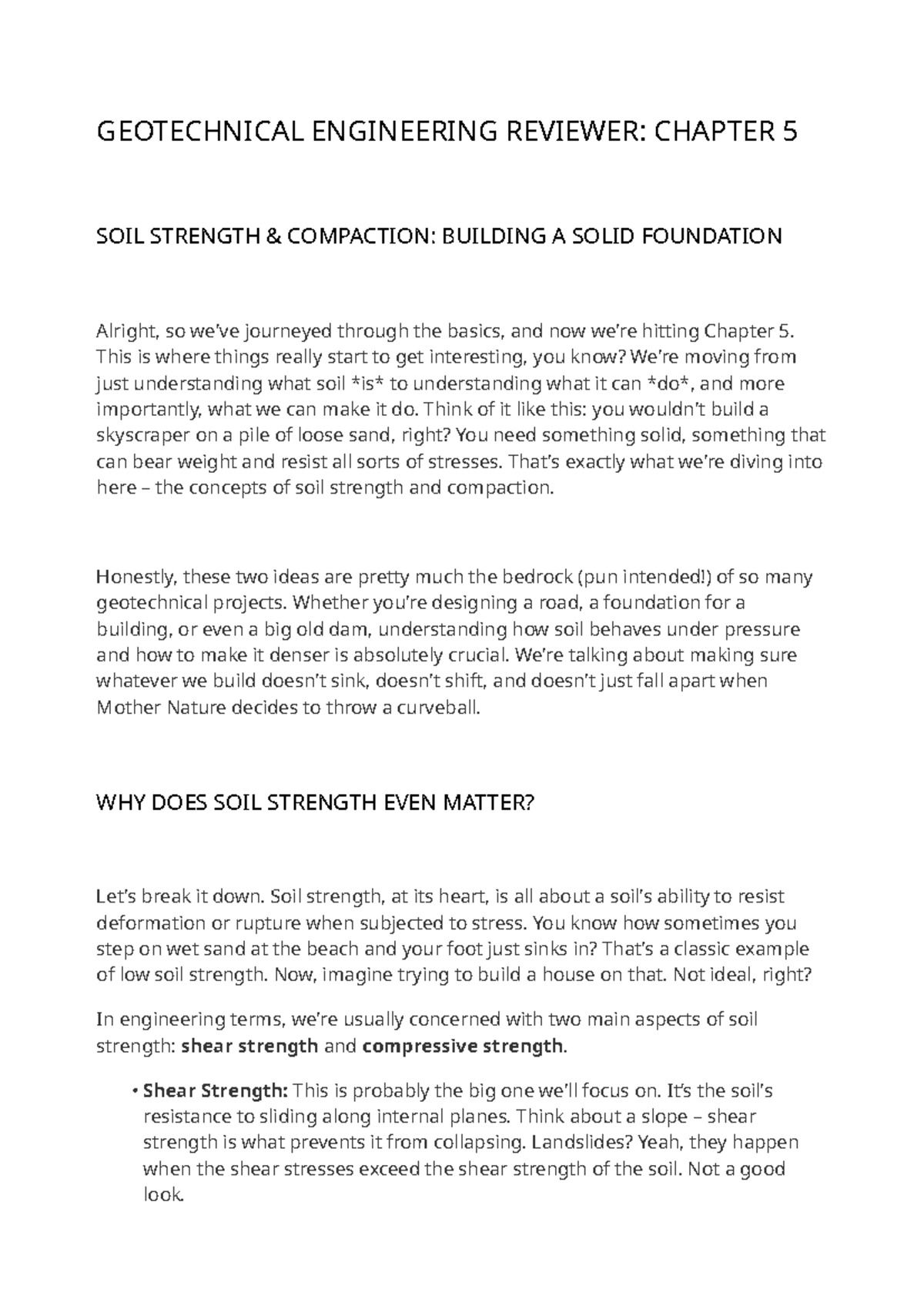 GEOTECHNICAL ENGINEERING REVIEWER: CHAPTER 5 SOIL STRENGTH & COMPACTION ...