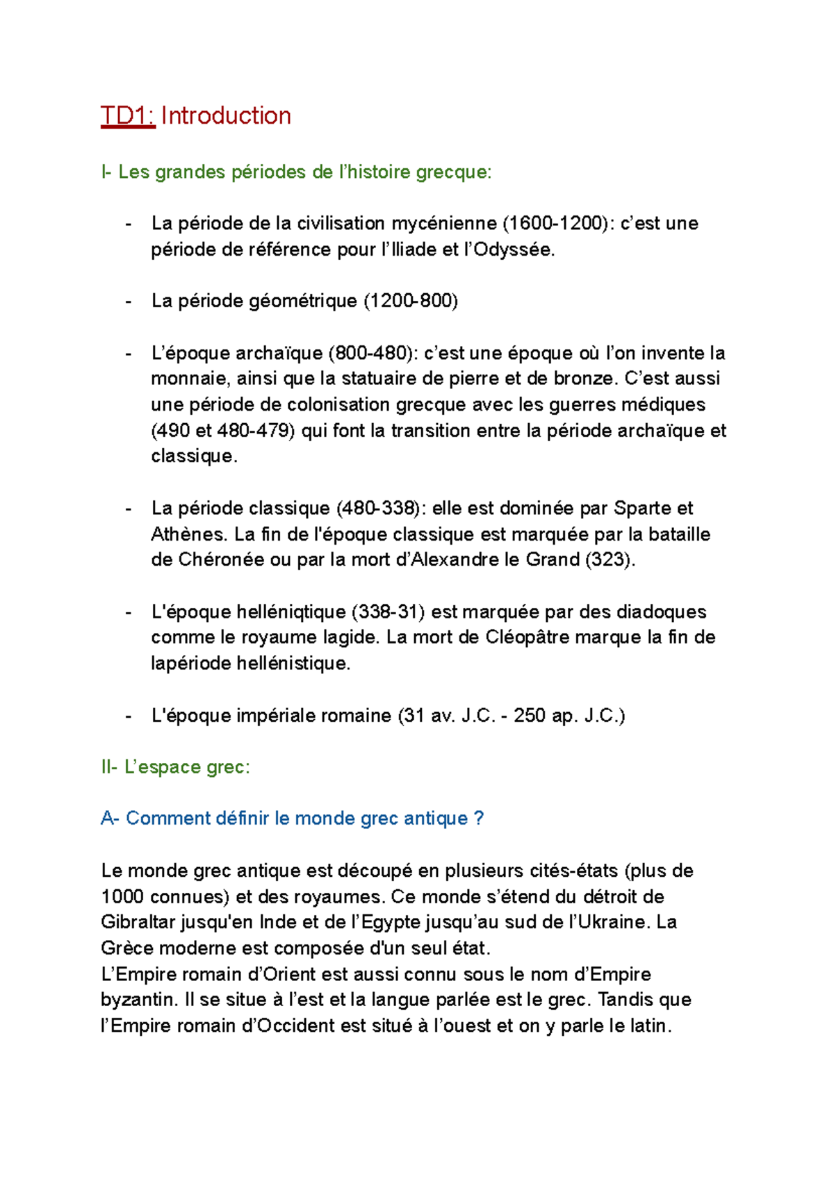 TD Antiquité S3 : Les grandes périodes de la Grèce antique et leur ...